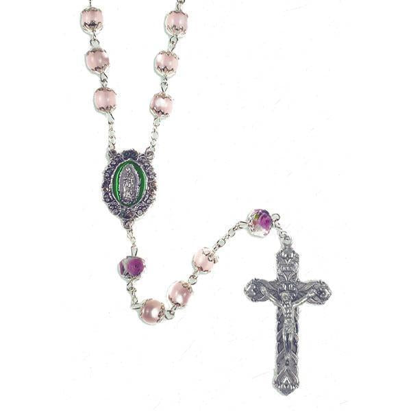 Pink Crystal Bead Rosary with Rose Our Father Beads and Enameled Lady ...