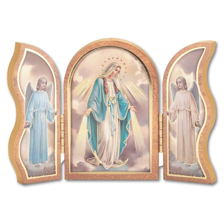 5X3.5" Our Lady Of Grace Standing Natural Wood Tryptych – CatholicShop.com
