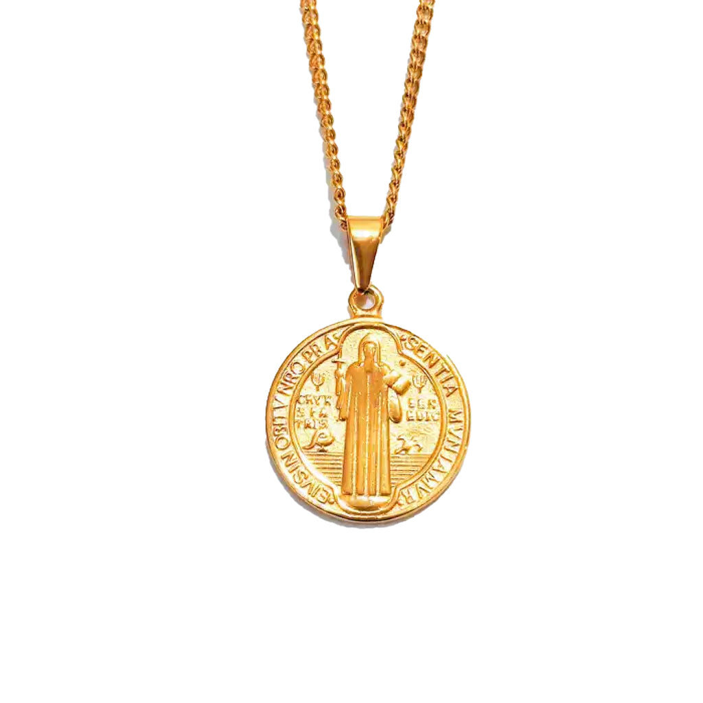 18K Gold Plated Stainless Steel St. Benedict Medal Necklace ...