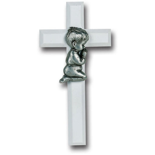 7" White Wood Cross With Pewter Praying Boy Figure – CatholicShop.com