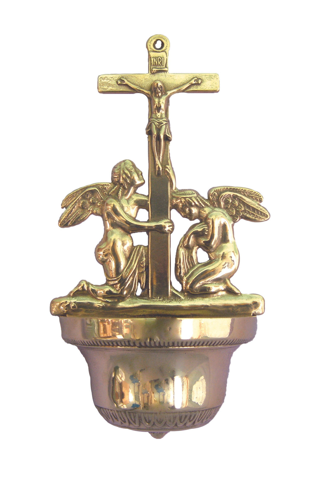 Crucifixion Font with Angels in Shiny Brass 12.25" – CatholicShop.com