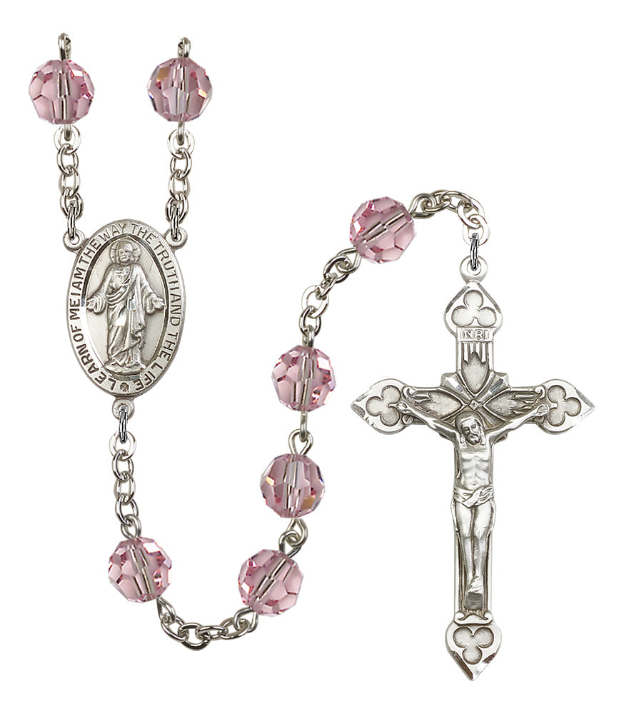 Silver Plated 8mm Austrian Crystal Scapular Rosary in Light Rose ...