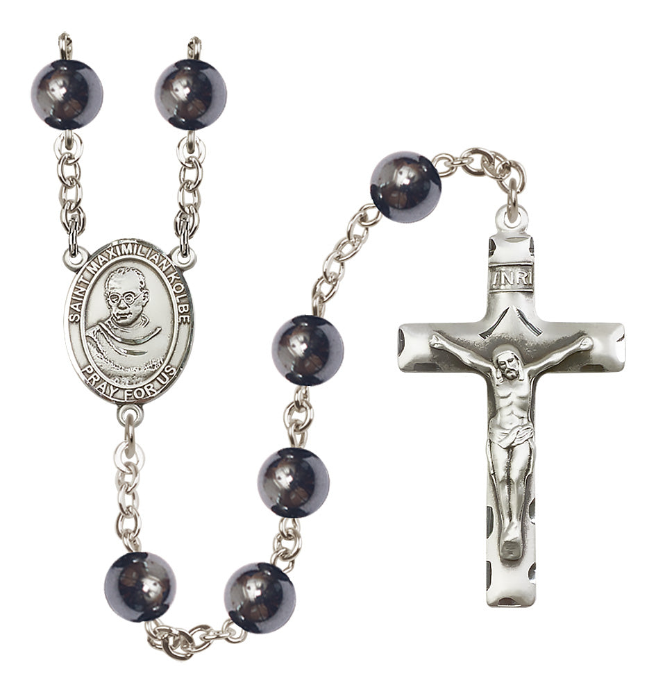 Silver-Plated 8mm Saint Maximilian Kolbe Rosary and Engraved Catholic ...