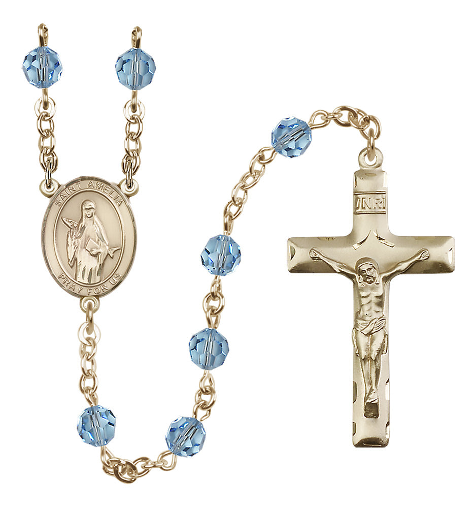 14 Karat Gold 6mm Austrian Crystal Saint Amelia Rosary in Aqua ...