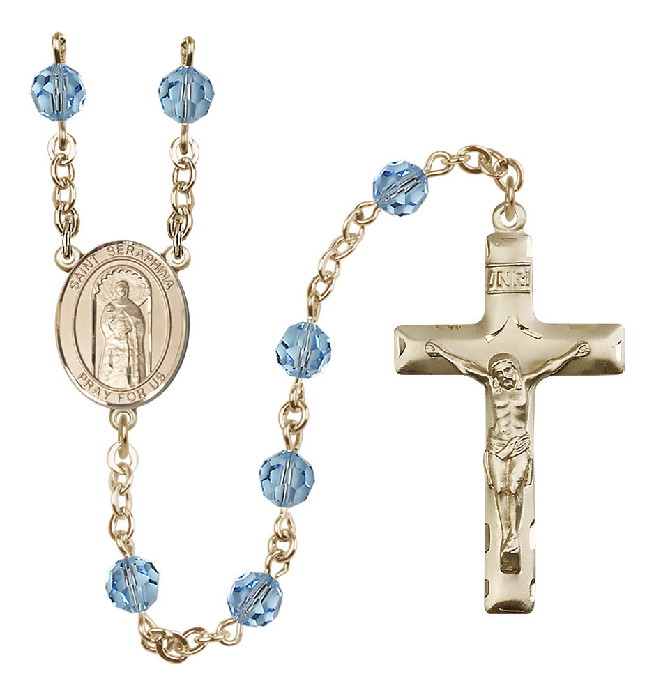 14 Karat Gold 6mm Austrian Crystal Saint Seraphina Rosary in Aqua ...