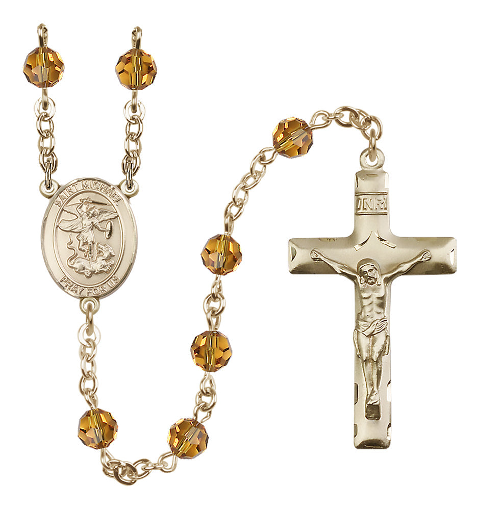 14 Karat Gold 6mm Austrian Crystal Saint Michael the Archangel Rosary ...