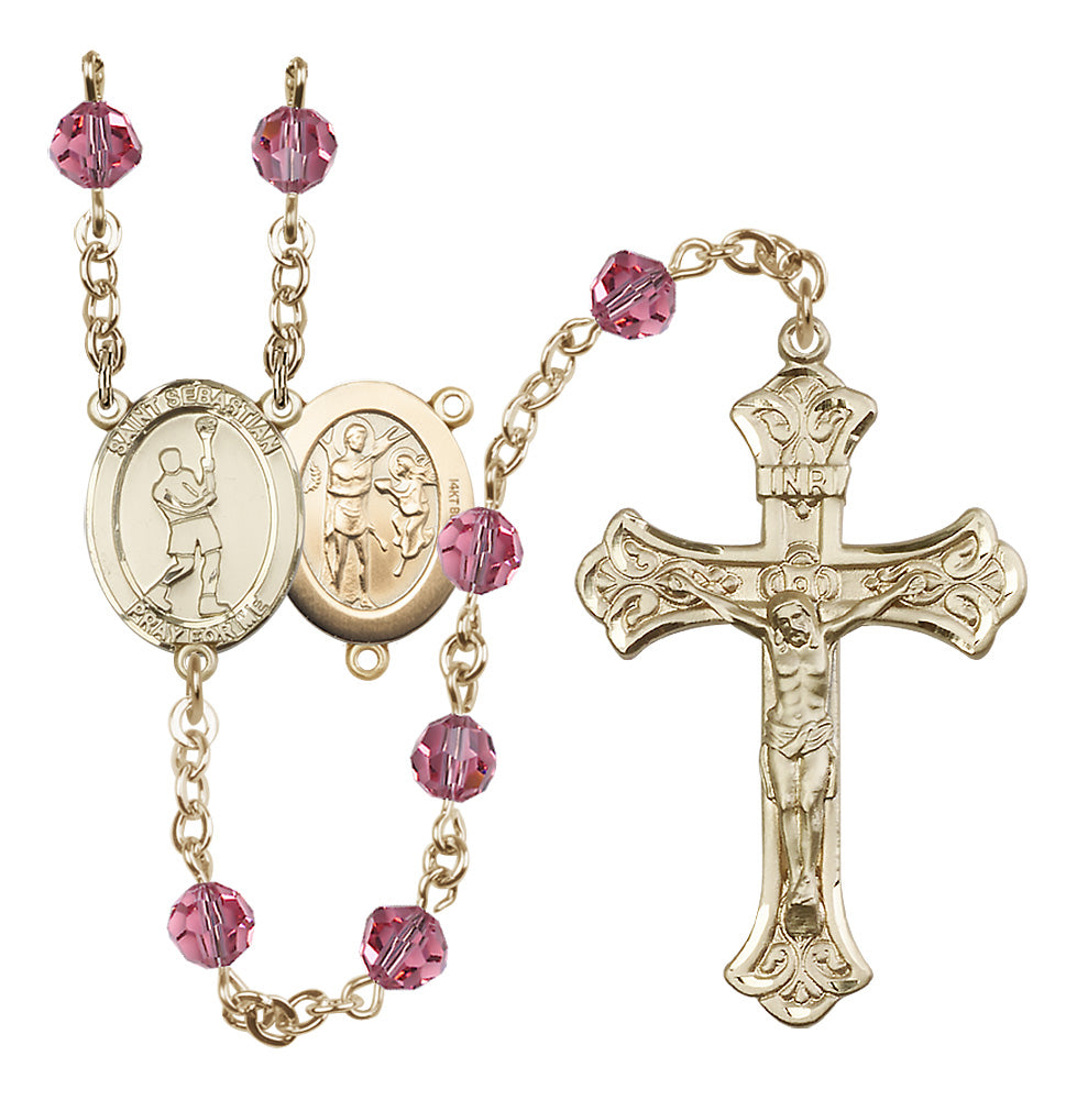 14 Karat Gold 6mm Austrian Crystal Saint Sebastian/Lacrosse Rosary in ...