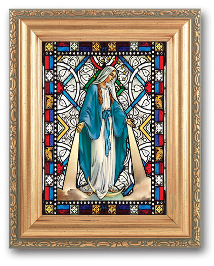 Our Lady Of Grace Stain Glass Art 4X6" In 5X7 Gold Frame – CatholicShop.com