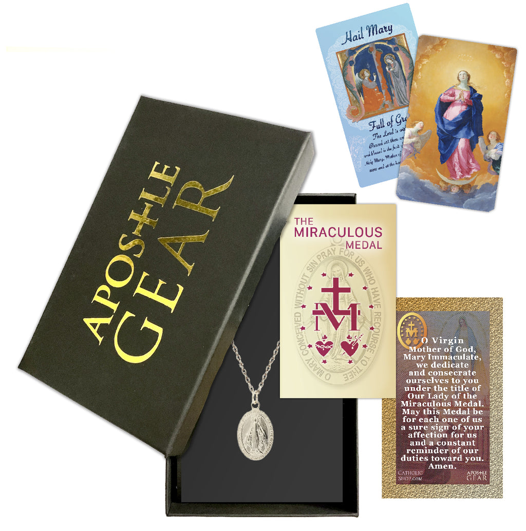 Sterling Silver Miraculous Medal Necklace Catholic Gift Set ...