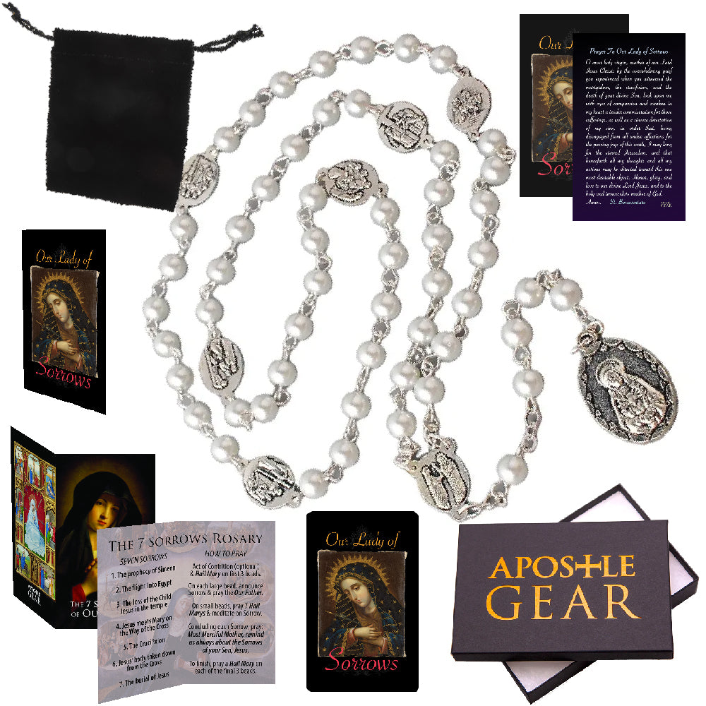 Seven Sorrows Rosary Devotional Set - White Beads – CatholicShop.com